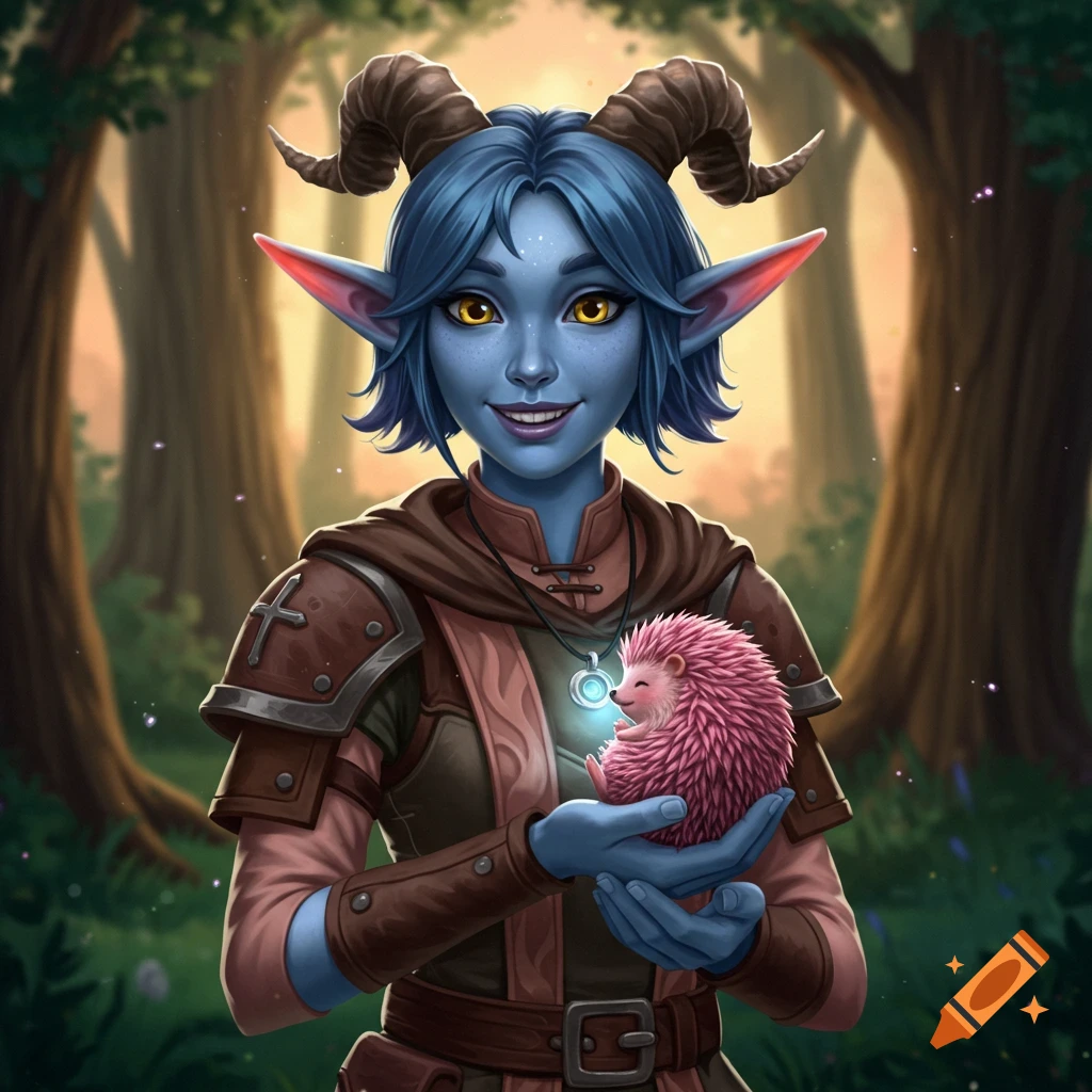 Blue skinned Satyr Cleric with a pink baby hedgehog on Craiyon