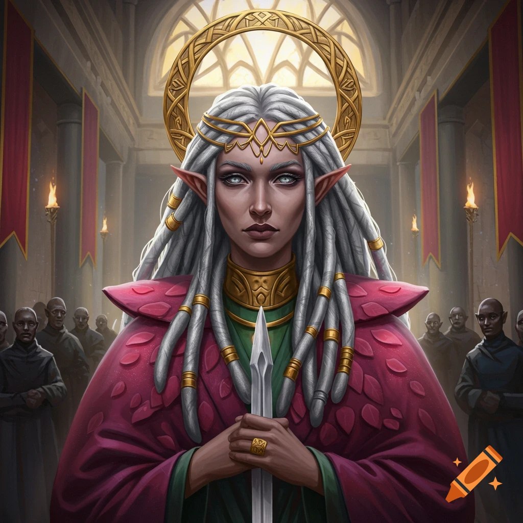 Woman in ceremonial robes with silver locs and intricate braid on Craiyon