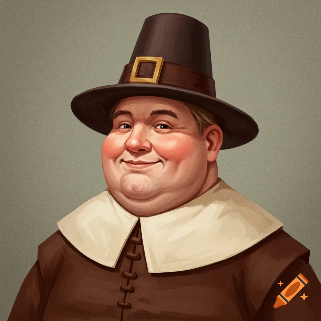 Stylized portrait of a plump man in a pilgrim hat and collar. on Craiyon