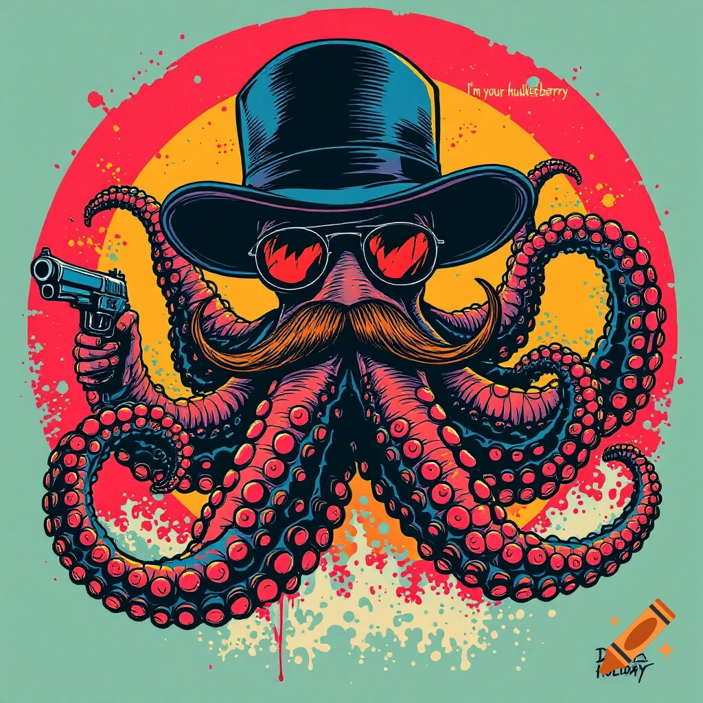 Street art style screen print of Doc Holiday octopus with handlebar ...