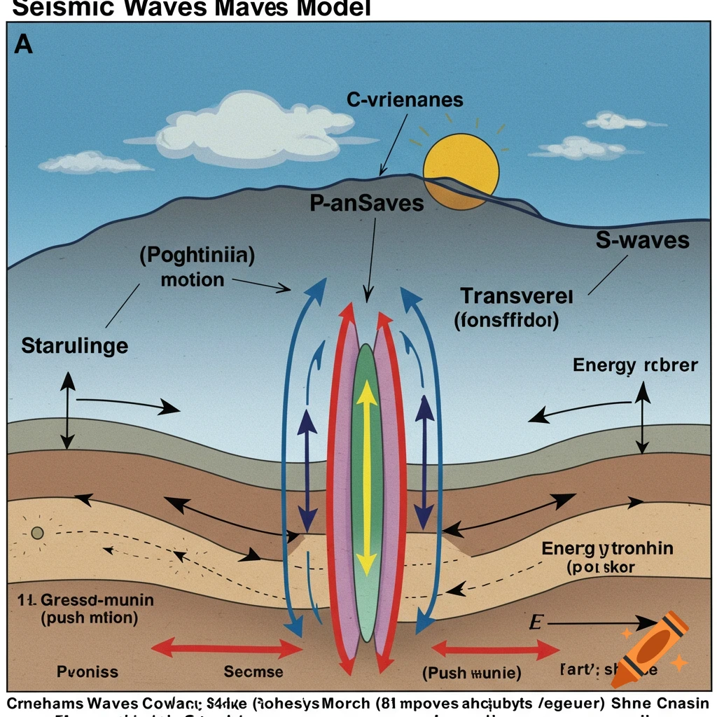 Seismic waves diagram with P-waves and S-waves motion on Craiyon