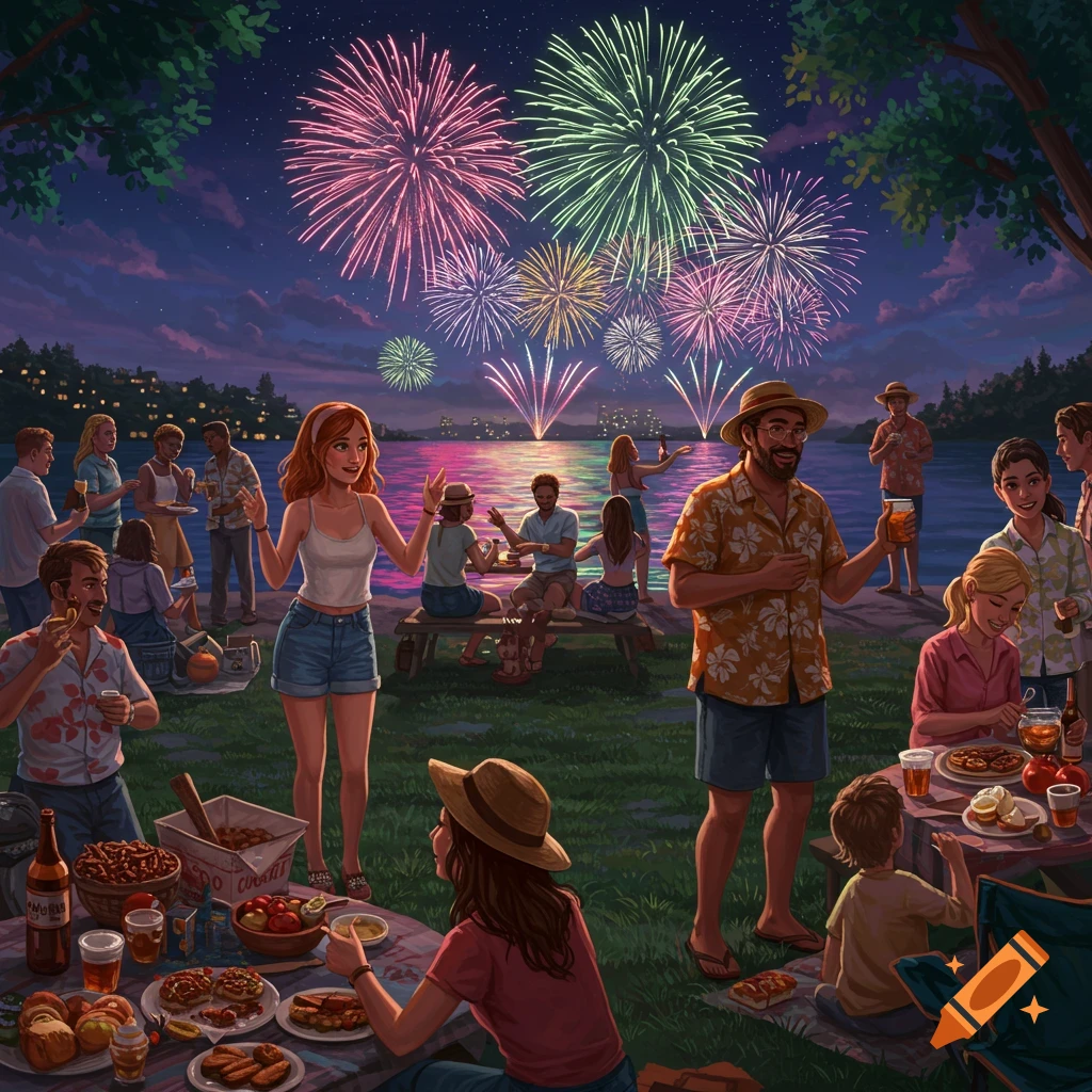 A large crowd gathered at an outdoor party with festive decorations. on ...