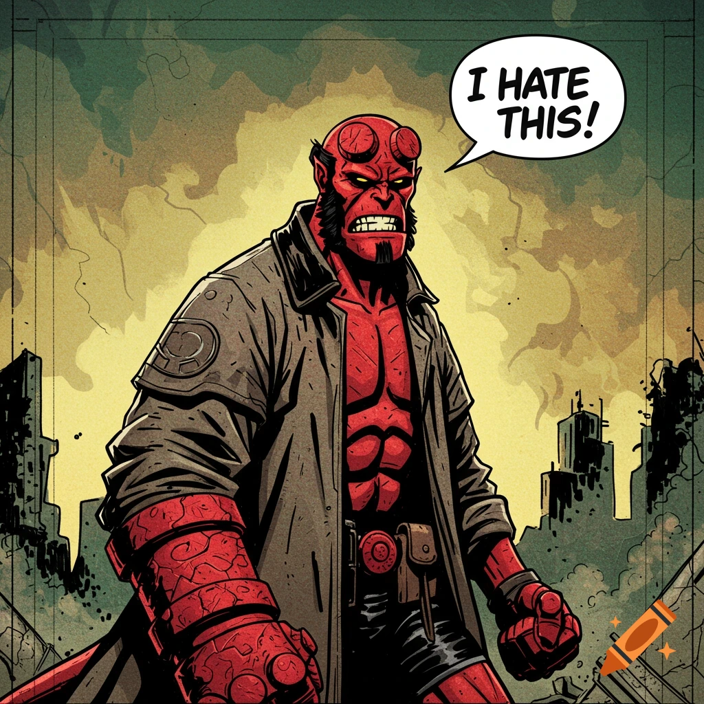 Hellboy saying "I hate this" in comic style on Craiyon