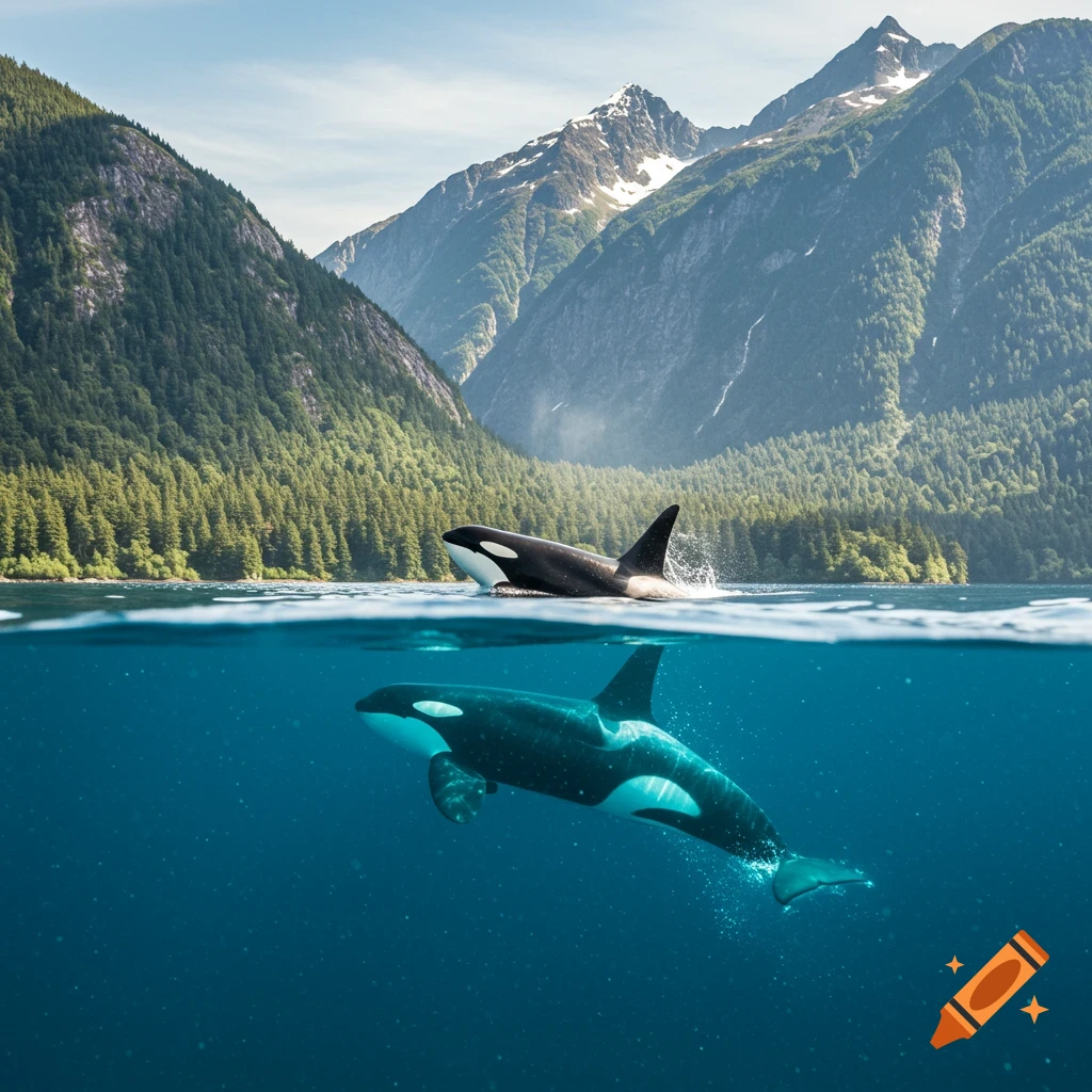 Split view of an orca swimming above and below water in a fjord ...