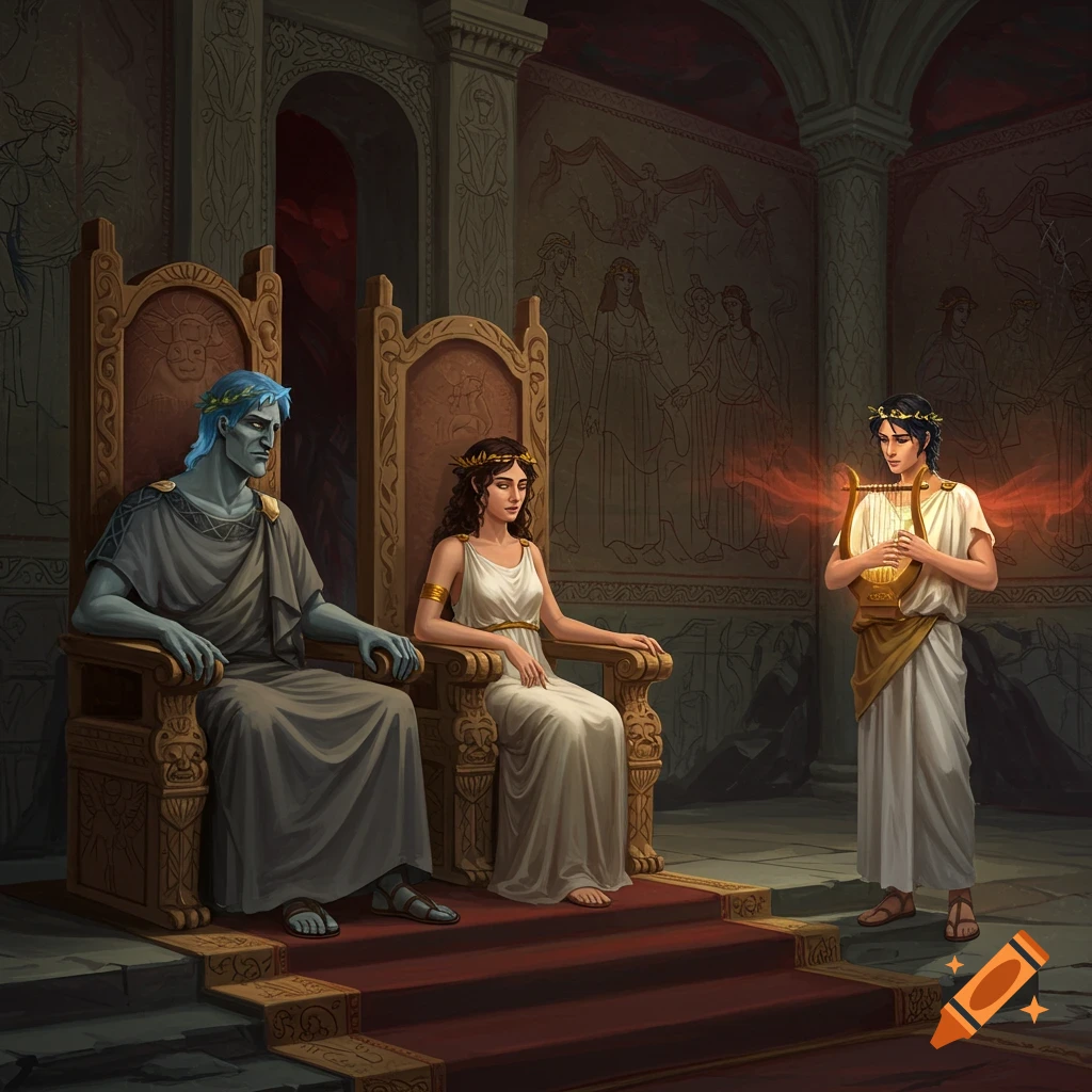 Hades and Persephone listening to Orpheus play on Craiyon