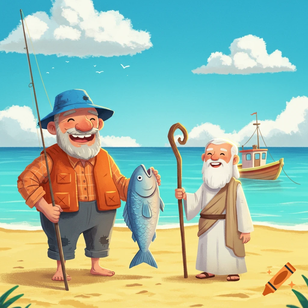 Cartoon illustration of explorers with a boat, maps, and gear by a ...