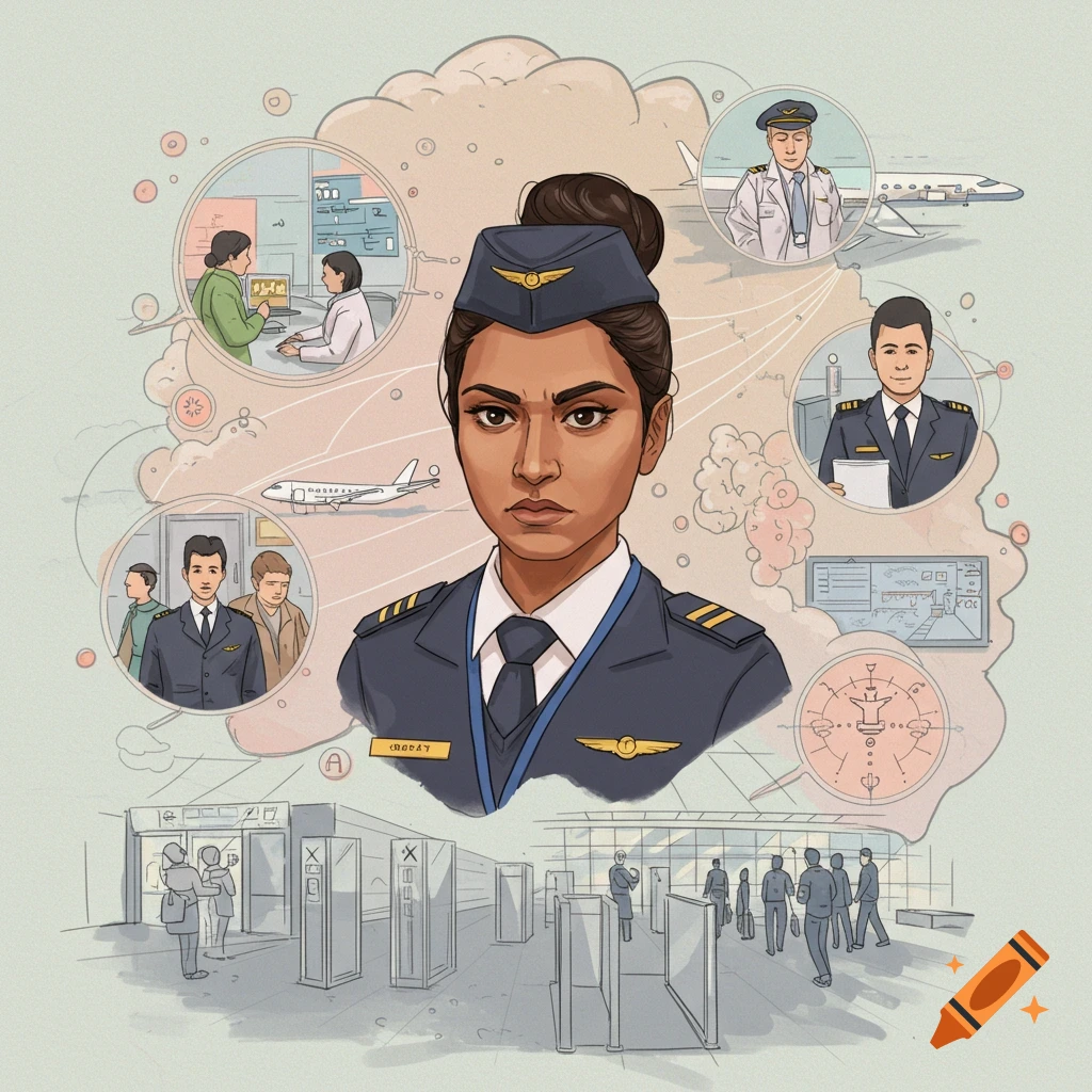 An illustration of a female airline pilot surrounded by vignettes of ...