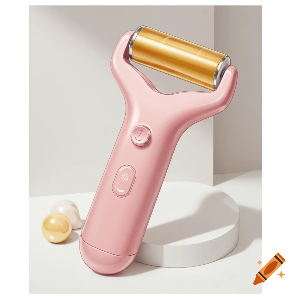 A pink handheld personal care device with a gold roller is shown on a ...