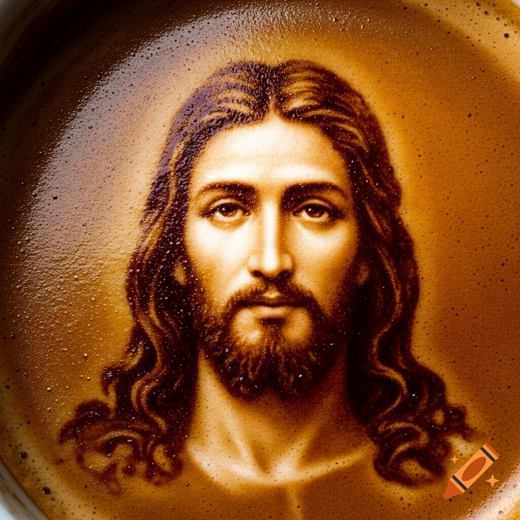 Portrait of Jesus Christ's face rendered in coffee foam inside a cup of ...