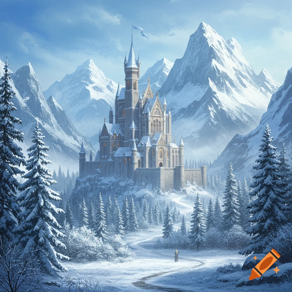 Castle surrounded by a winter forest with snow-capped mountains in the ...