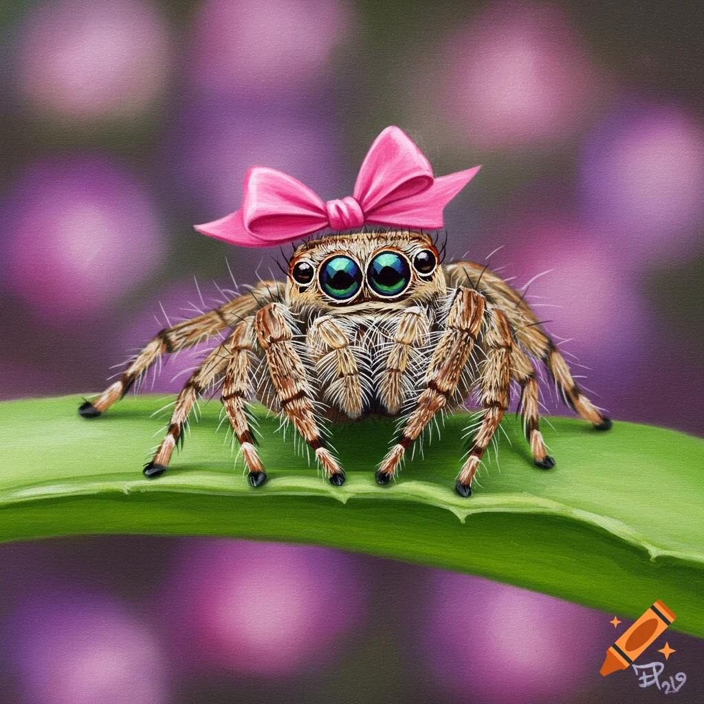 Painting of a cute jumping spider with a pink bow on a green leaf. on ...