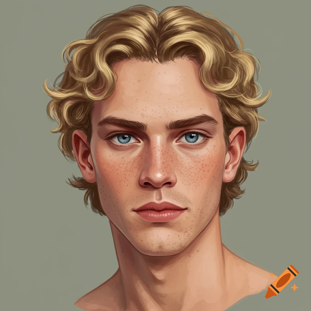 Man with round face, cleft chin, wavy blonde hair, and dark blue eyes ...