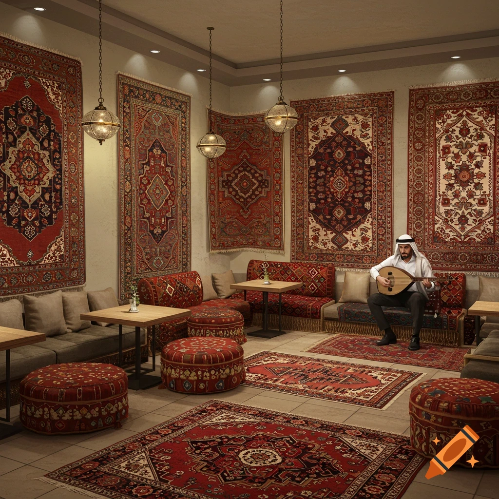 Cozy Persian-themed cafe with rugs, musician playing oud, natural light ...