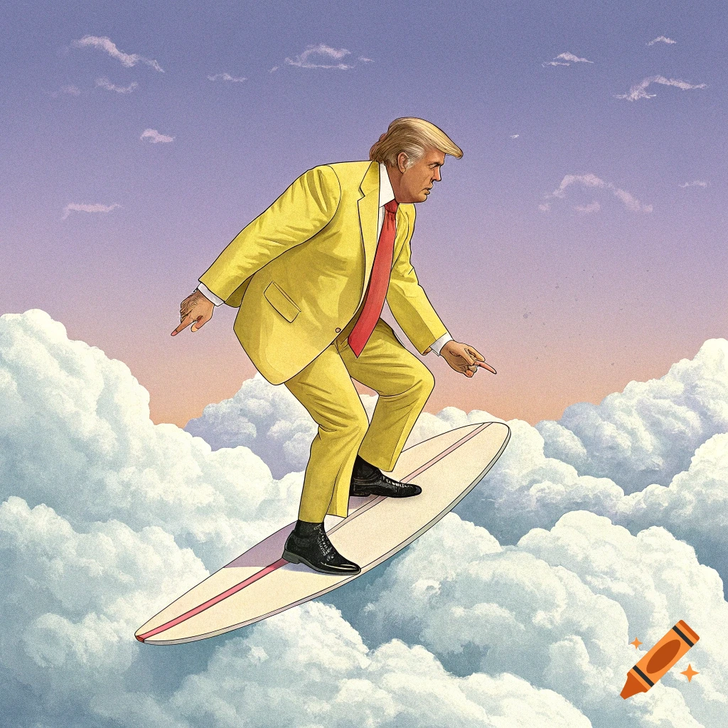 Illustration of Donald Trump surfing on clouds in a yellow suit and red ...