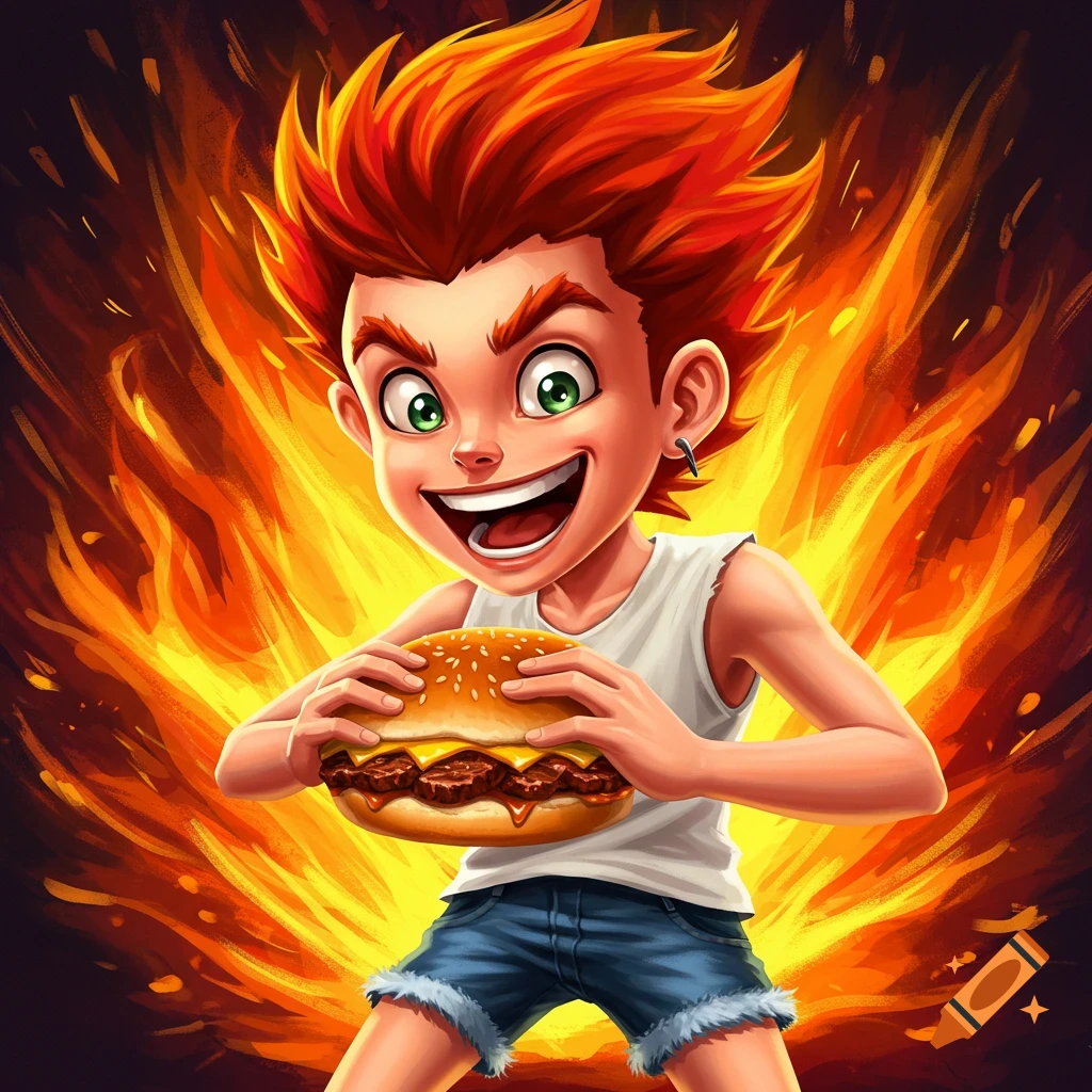 Cartoon boy with spiky orange hair holds a giant burger in front of ...