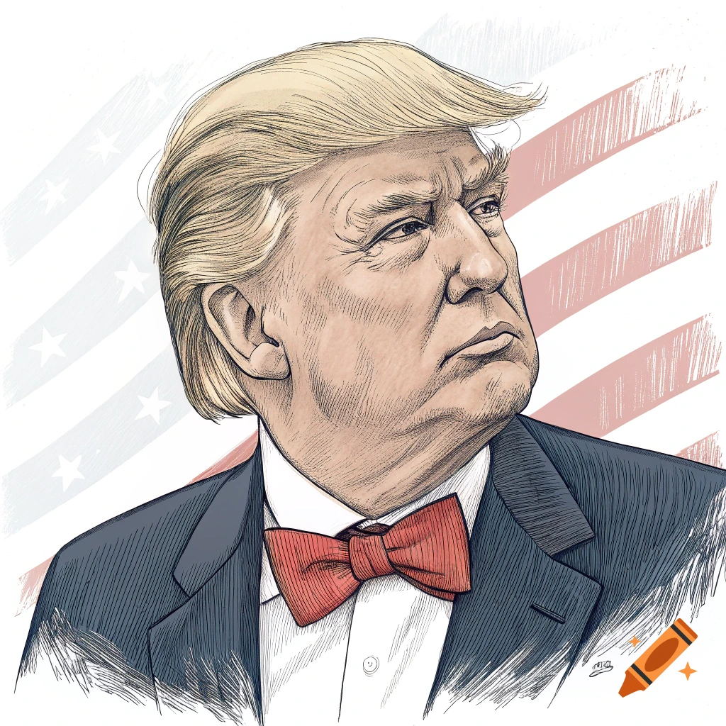 Illustration of Donald Trump smiling in front of an American flag. on ...