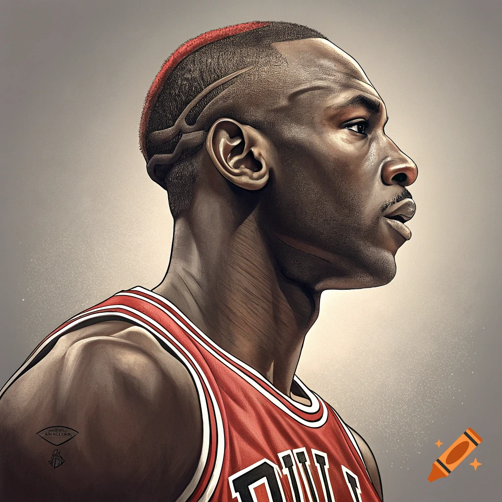 Illustration of Michael Jordan in a red jersey, side profile portrait ...