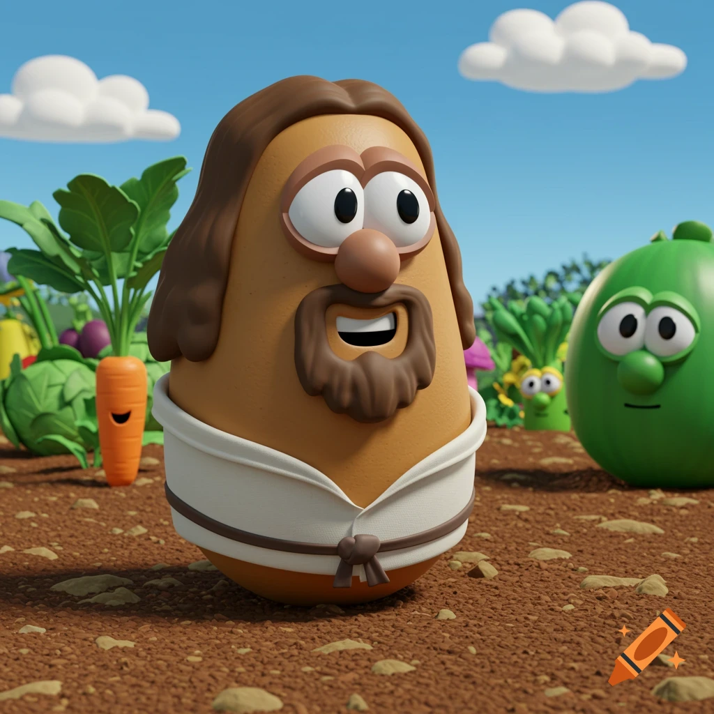 Cartoon potato character resembling Jesus holds a carrot cross in a ...