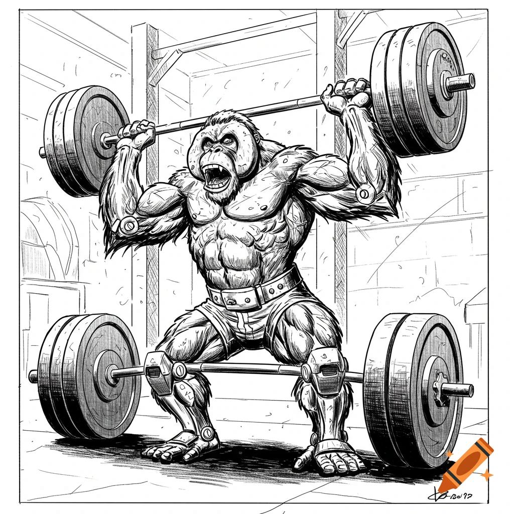 Black and white comic style bionic orangutan lifting weights on Craiyon
