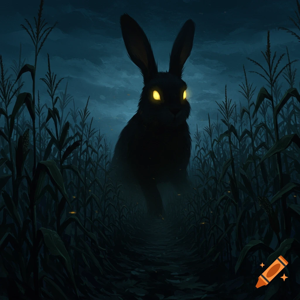 Giant shadowy rabbit with glowing eyes in a cornfield on Craiyon