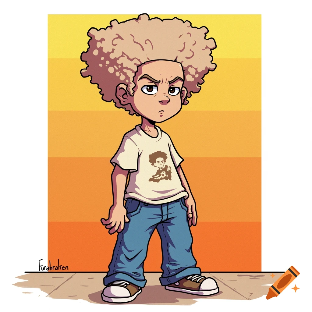 Boondocks style illustration of a white boy with fluffy hair on Craiyon