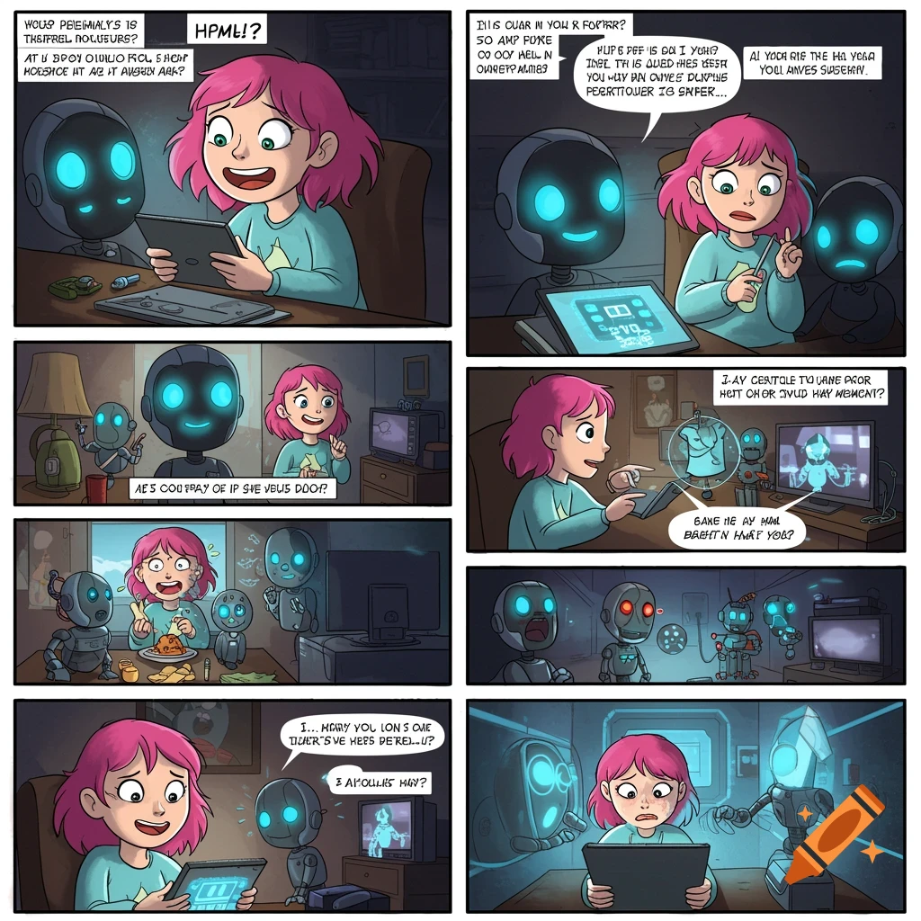 Comic book pages of a girl unaware of AI dangers on Craiyon