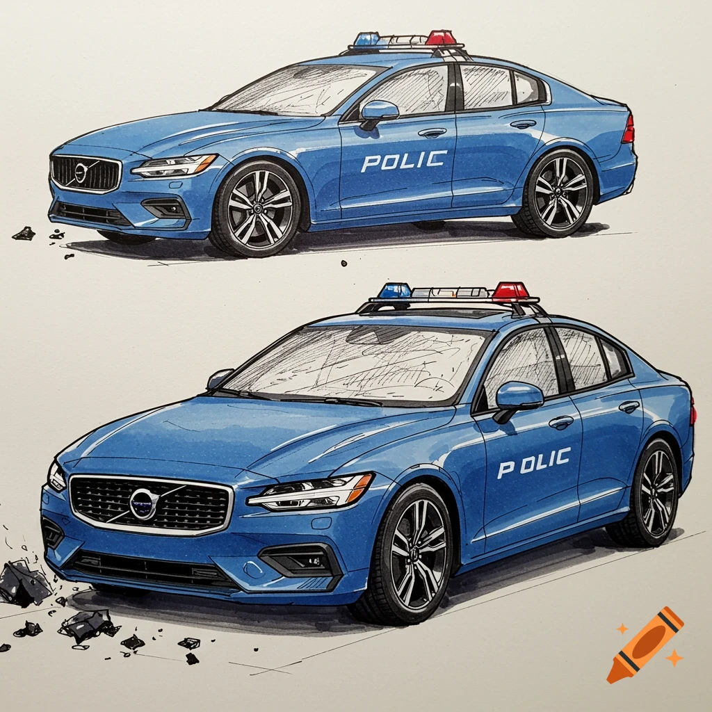 Two blue Volvo police cars drawn in a sketch style with debris near one ...