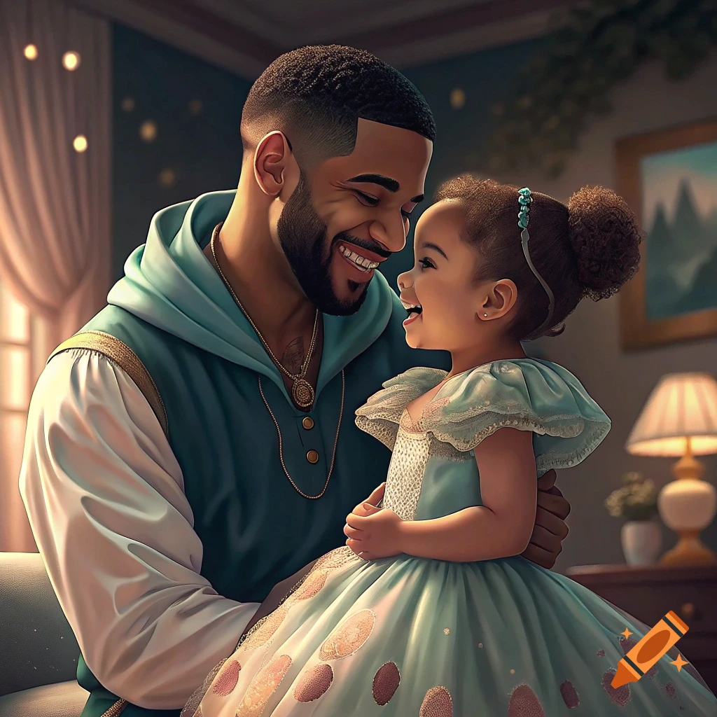 Drake holding a child wearing a dress on Craiyon