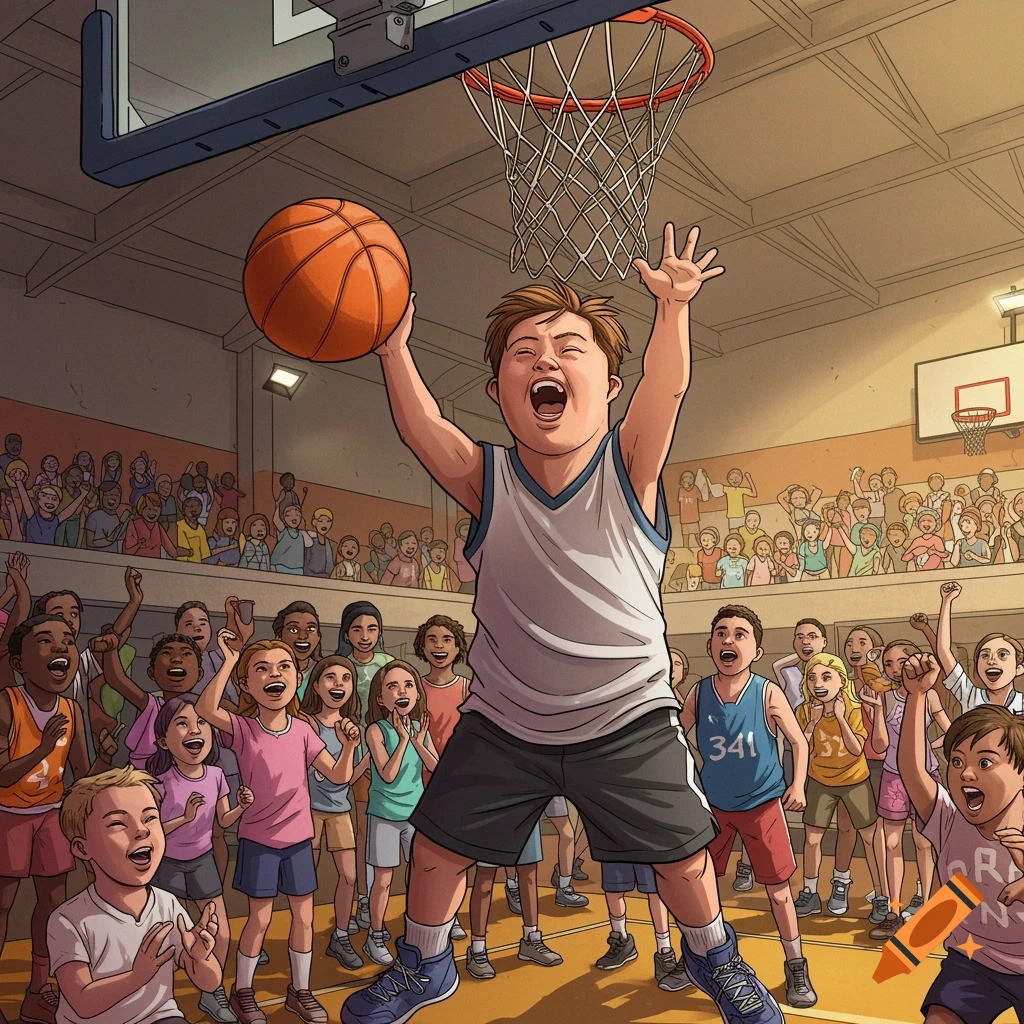 Cartoon illustration of a boy about to dunk a basketball in a gym, with ...