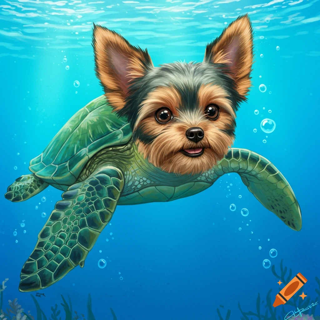 Sea turtle with a Yorkie dog face on Craiyon