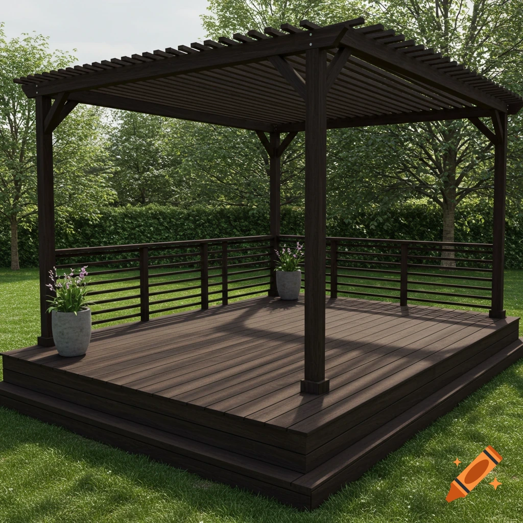A dark brown wooden pergola and deck structure in a backyard garden. on ...