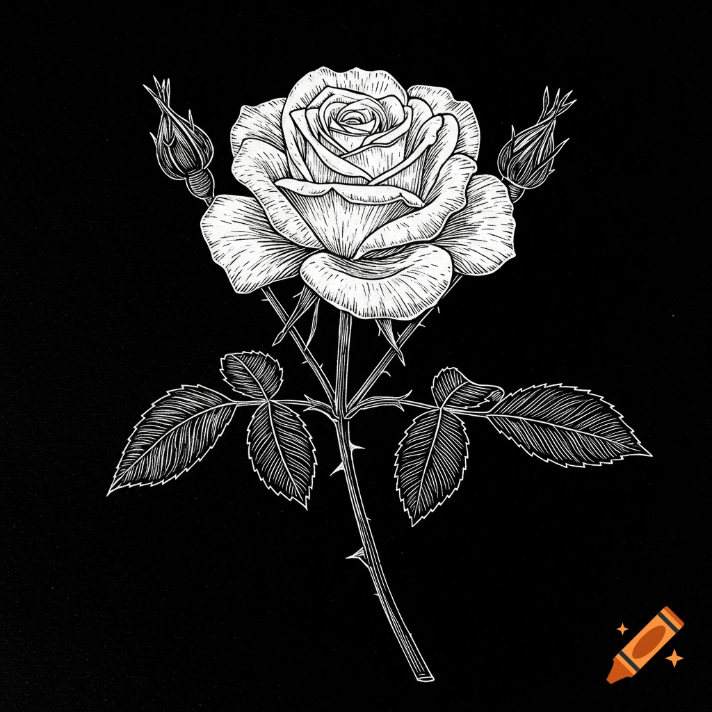 White rose linocut in black and white on Craiyon
