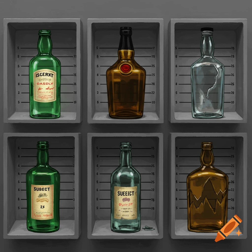 Police lineup of empty liquor bottles, one cracked on Craiyon