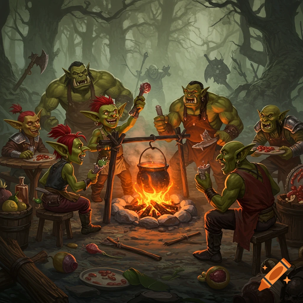 Fantasy illustration of goblins and orcs cooking around a campfire in a ...