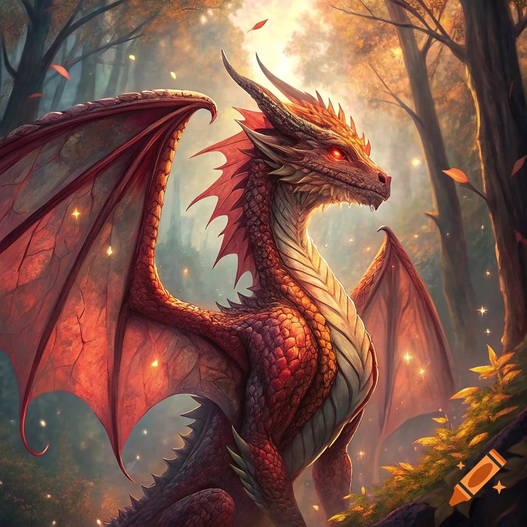 A red dragon with large wings stands in a sunlit forest. on Craiyon