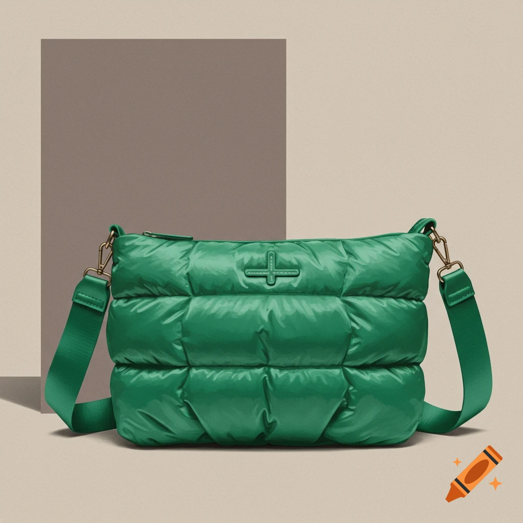 A green puffer shoulder bag on a two-tone background. on Craiyon