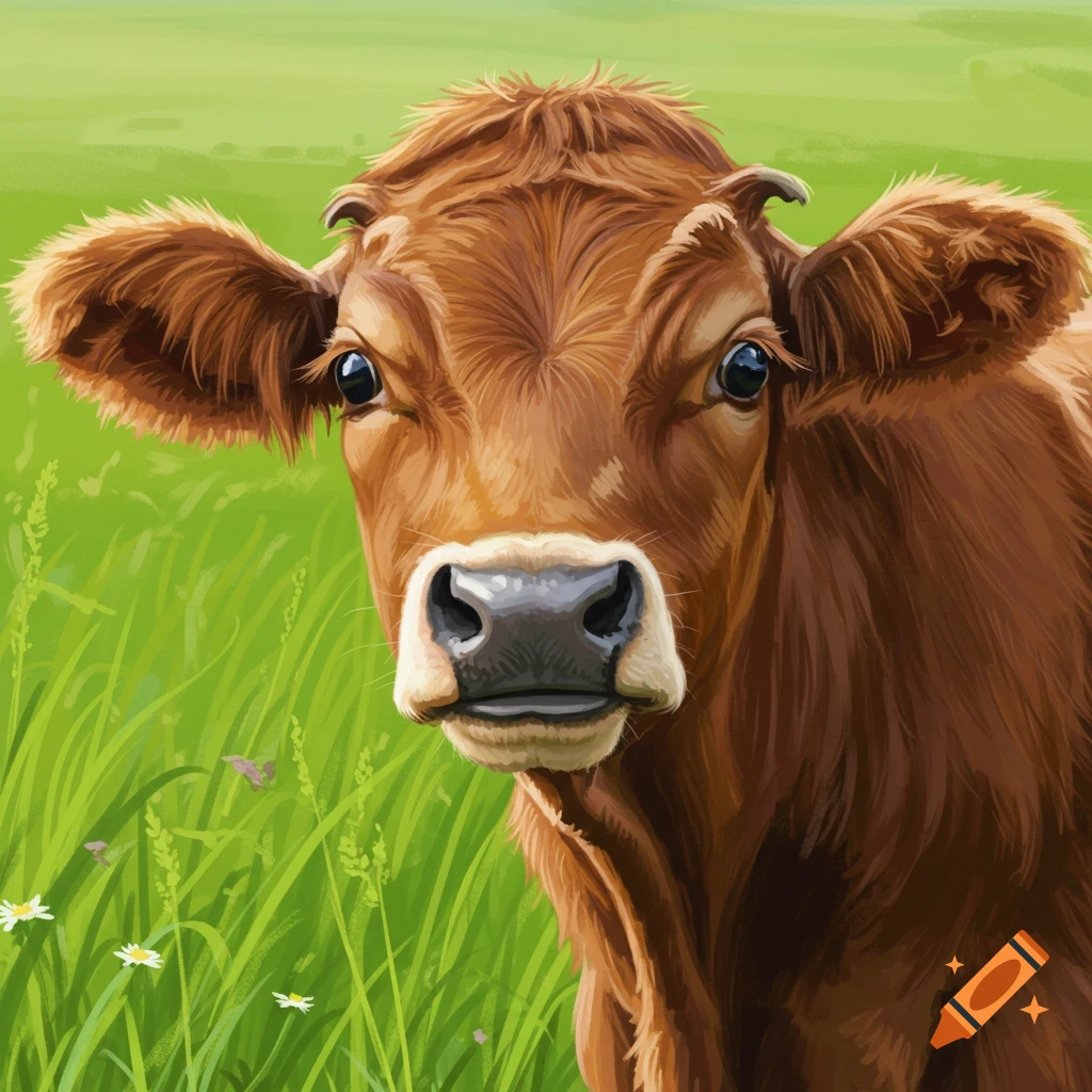 Close-up illustration of a brown cow in a grassy field. on Craiyon