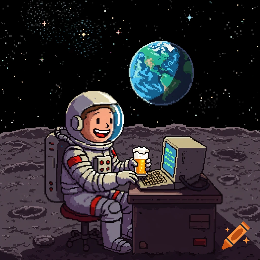 Retro 16-bit video game image of an astronaut coding on the moon with ...