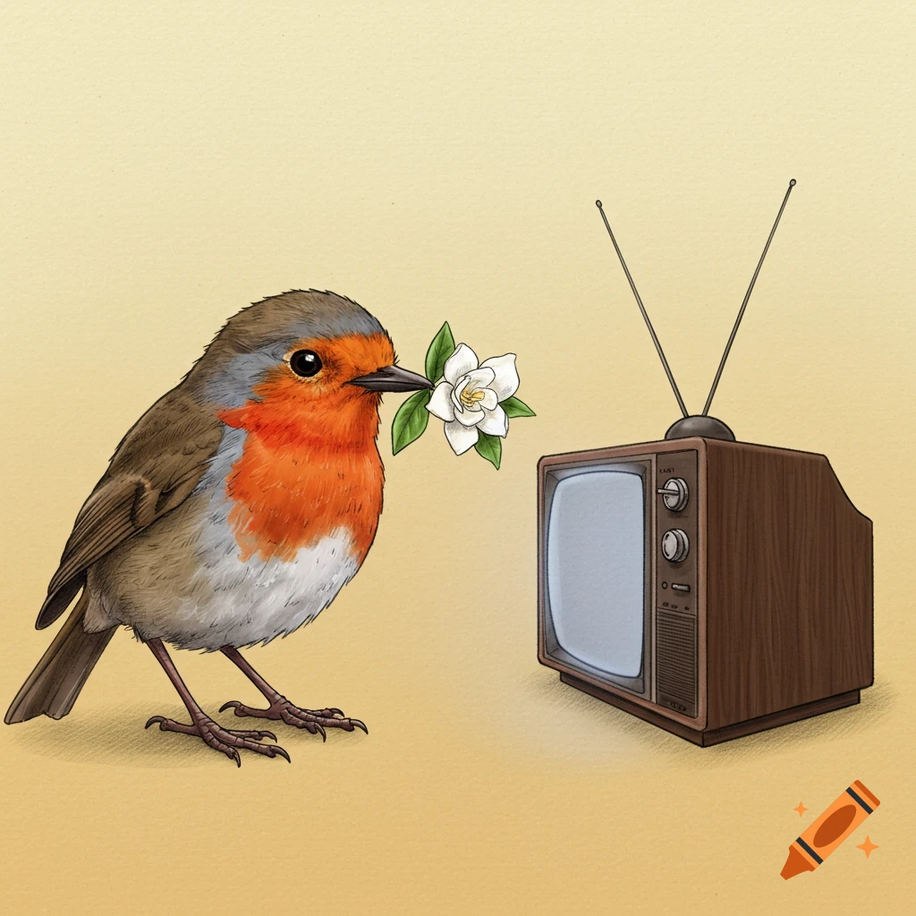 Drawing of a bird holding a flower watching TV on Craiyon