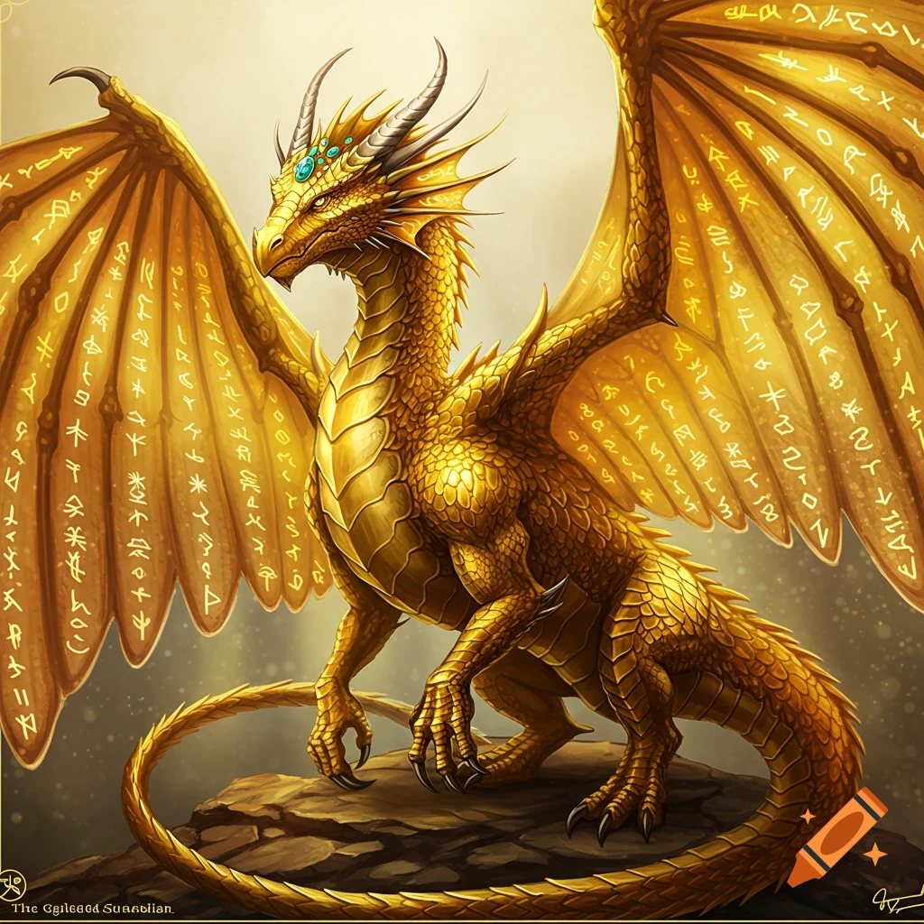 Golden dragon with runic inscriptions and jewel crest on Craiyon