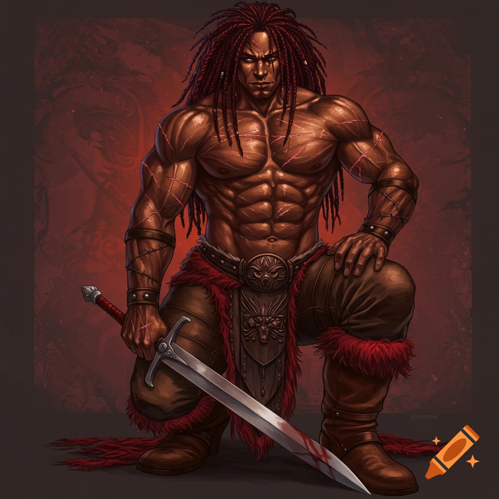 A muscular fantasy character with scars and dreadlocks kneels with a ...