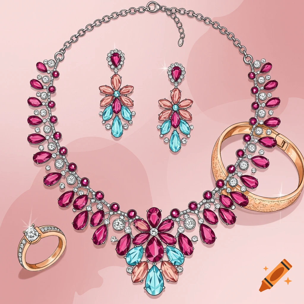 Illustration of a jewelry set including a necklace, earrings, ring, and ...