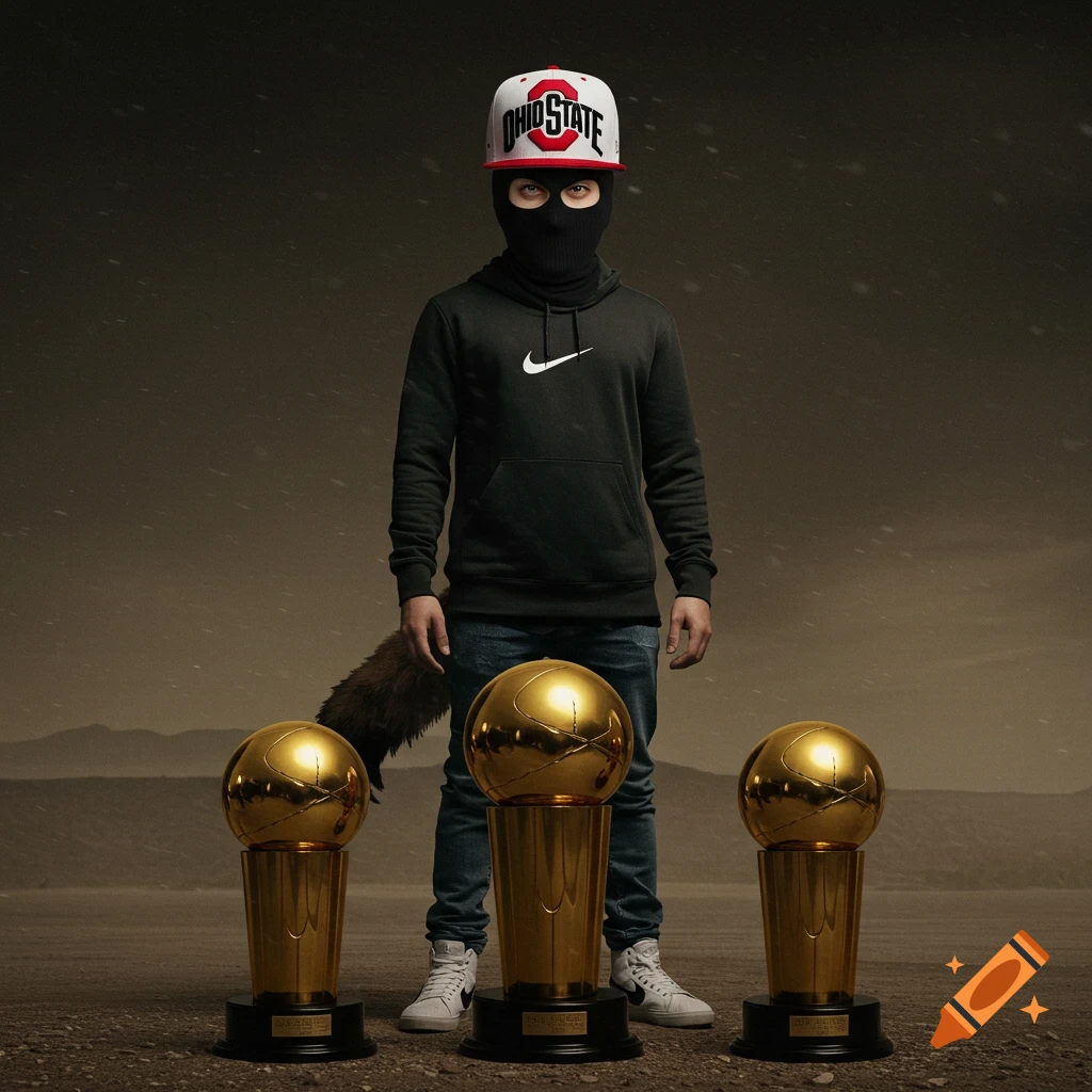 Photorealistic Wiley Coyote in desert with Ohio State hat and trophies ...