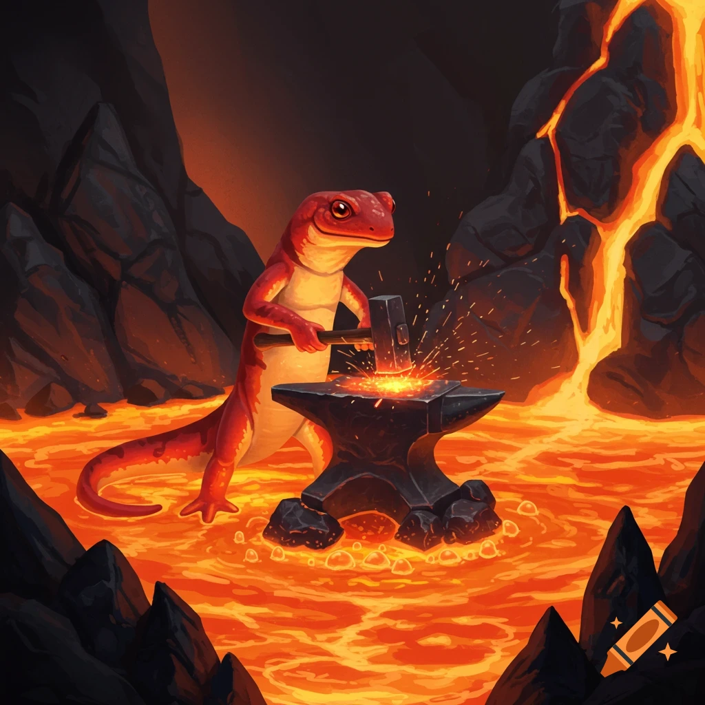 Salamander forging a hammer in lava on Craiyon