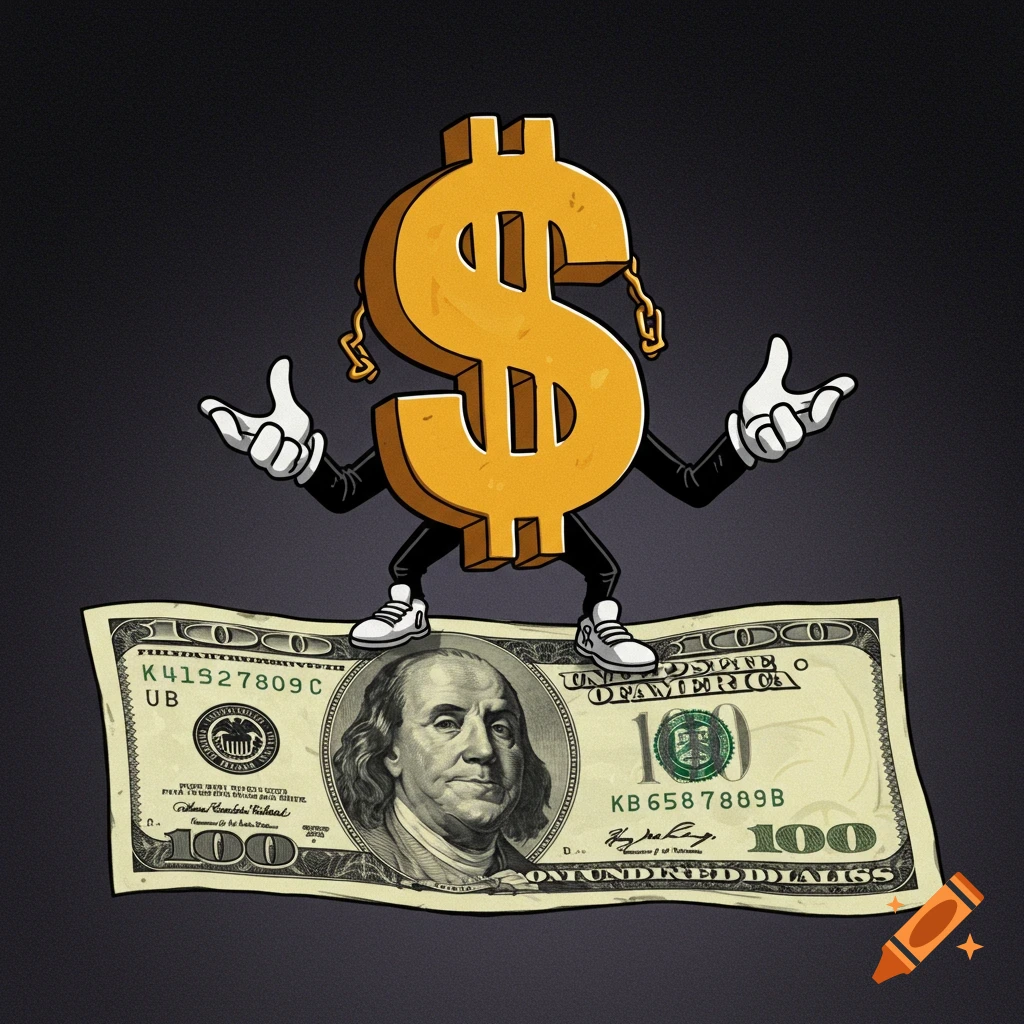 Gangsta dollar sign graffiti character on a 100 dollar bill on Craiyon