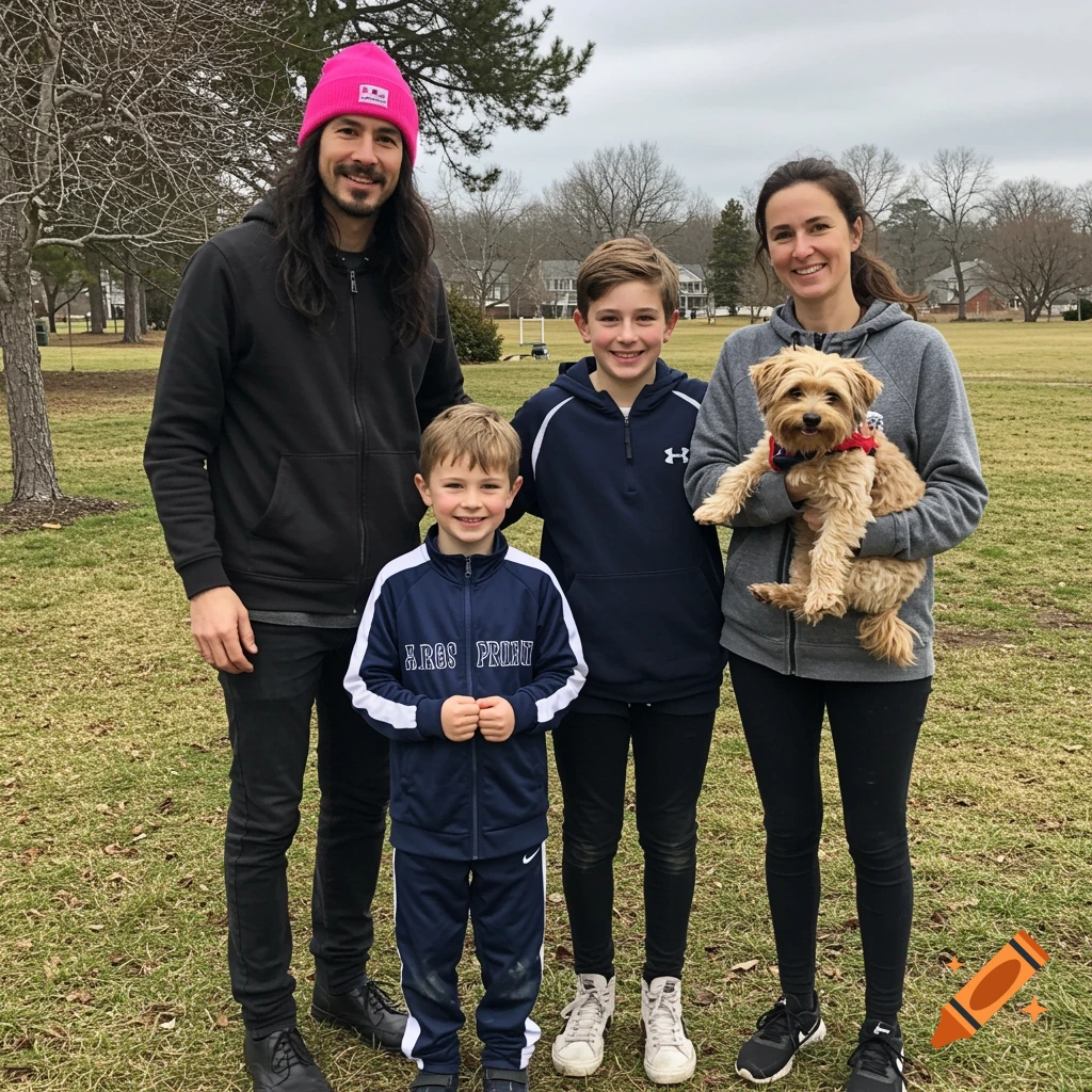 Family portrait of Scott, Elsa, Tommy, and dog Archie on Craiyon