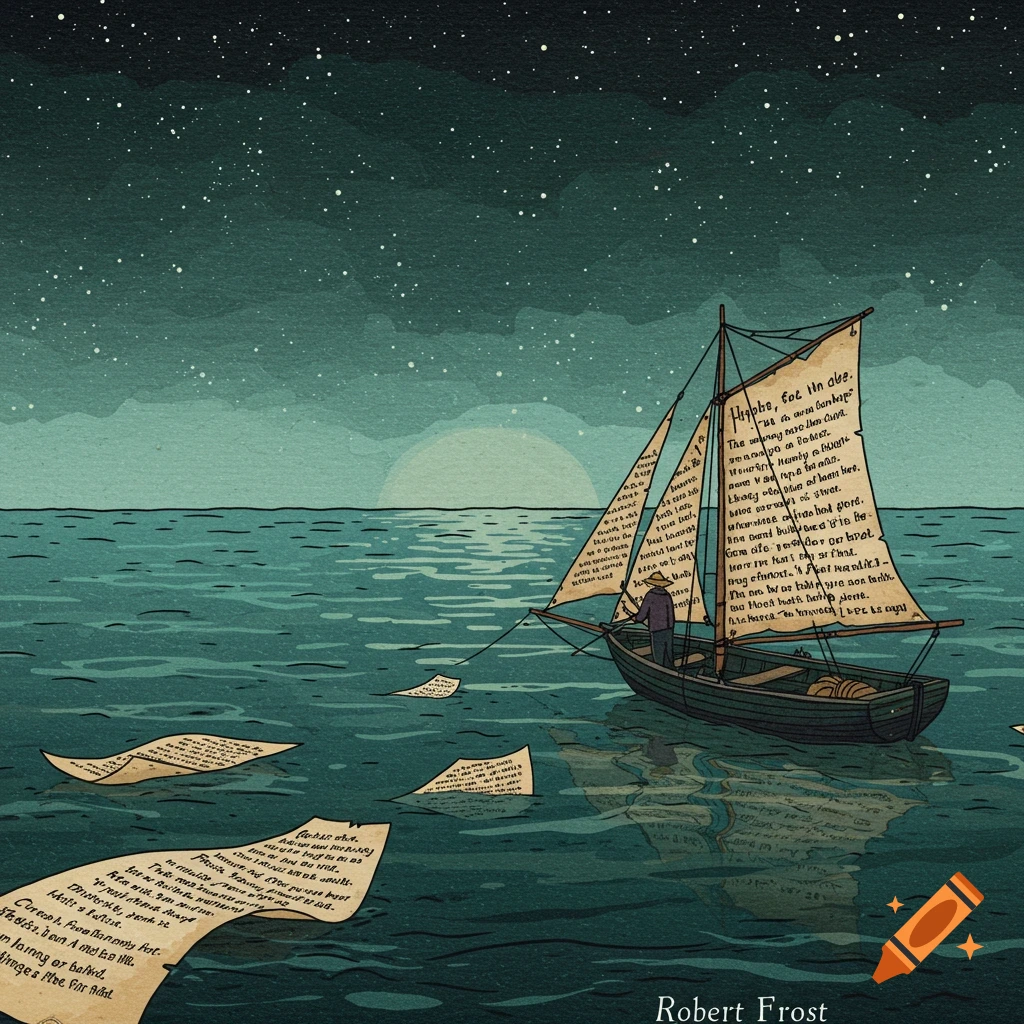 Illustration of Robert Frost's poem Neither Out Far Nor In Deep on Craiyon