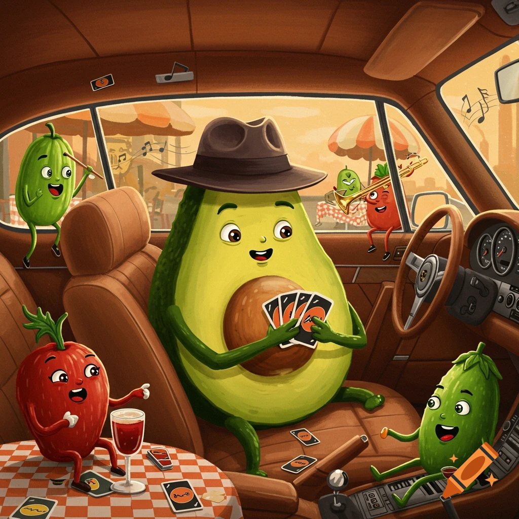 Avocado playing Uno in a Porsche, listening to Jazz on Craiyon