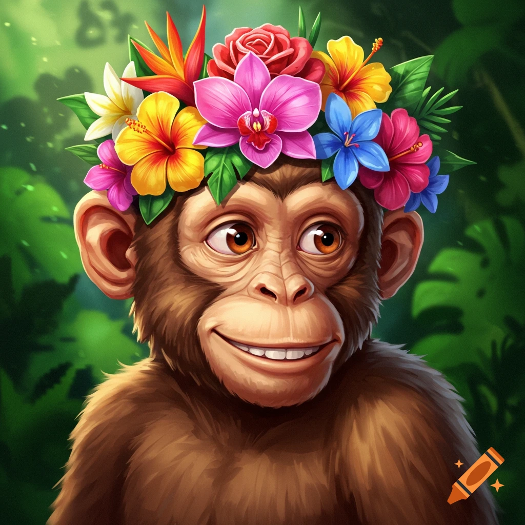 A cartoon monkey wearing a colorful flower crown smiles in a lush green ...