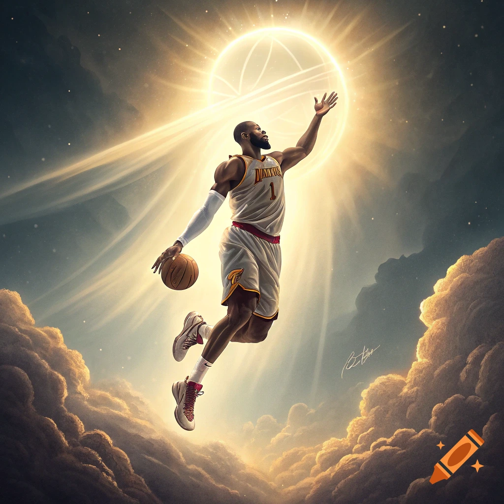 LeBron James descending with holy light and aura on Craiyon